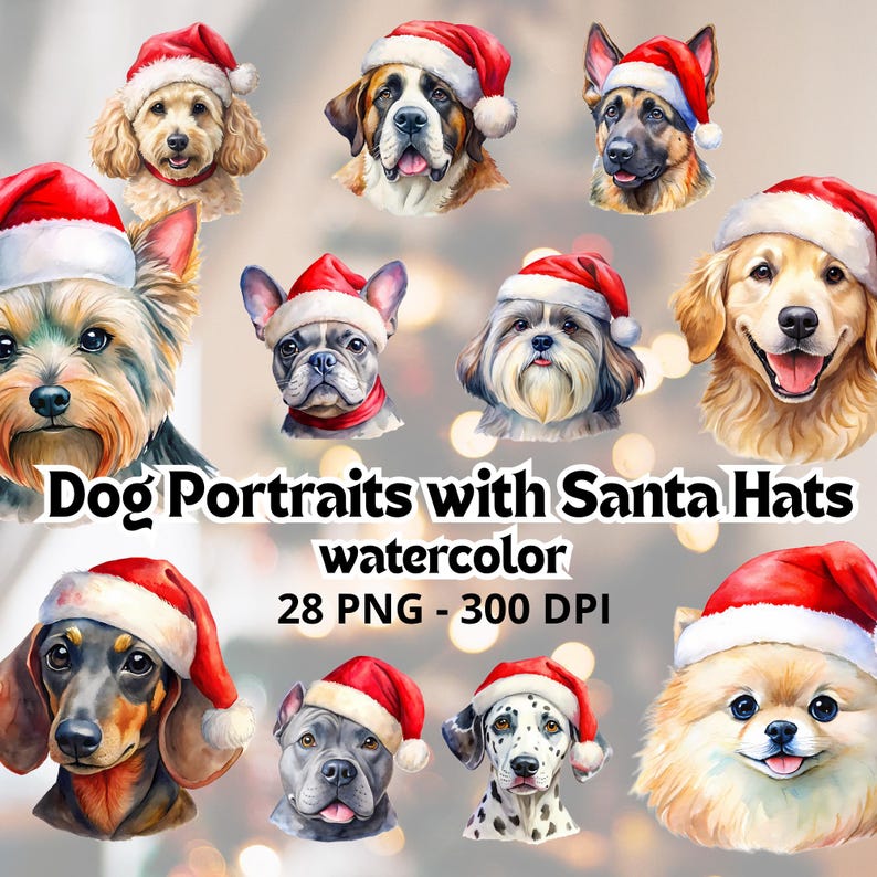 28 Watercolor Dog Portraits With Santa Hats Clipart Digital Download ...