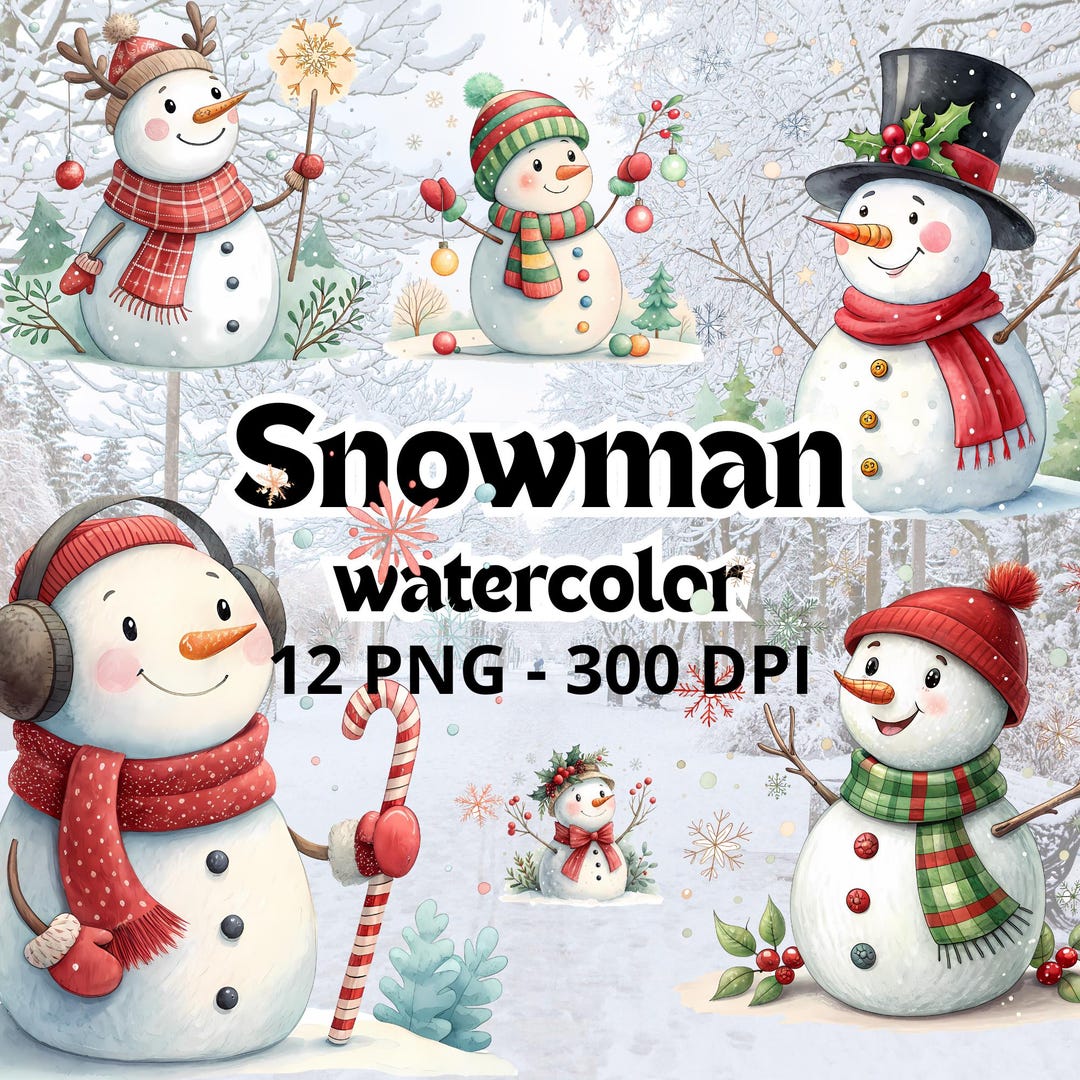 12 Watercolor Snowman Clipart Winter Snowman Illustration Holiday ...