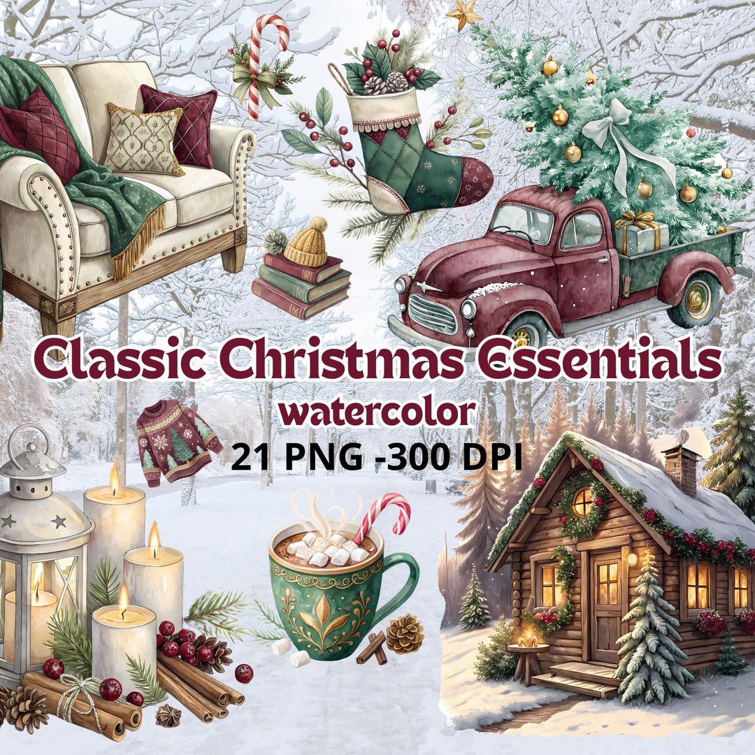 21 Watercolor Classic Christmas Essential Clipart Digital Download Cozy ...