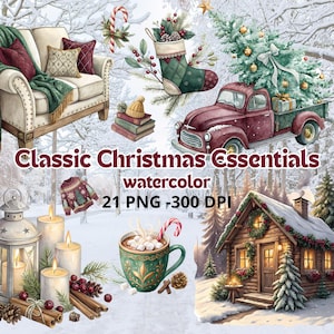 21 Watercolor Classic Christmas Essential Clipart Digital Download Cozy ...