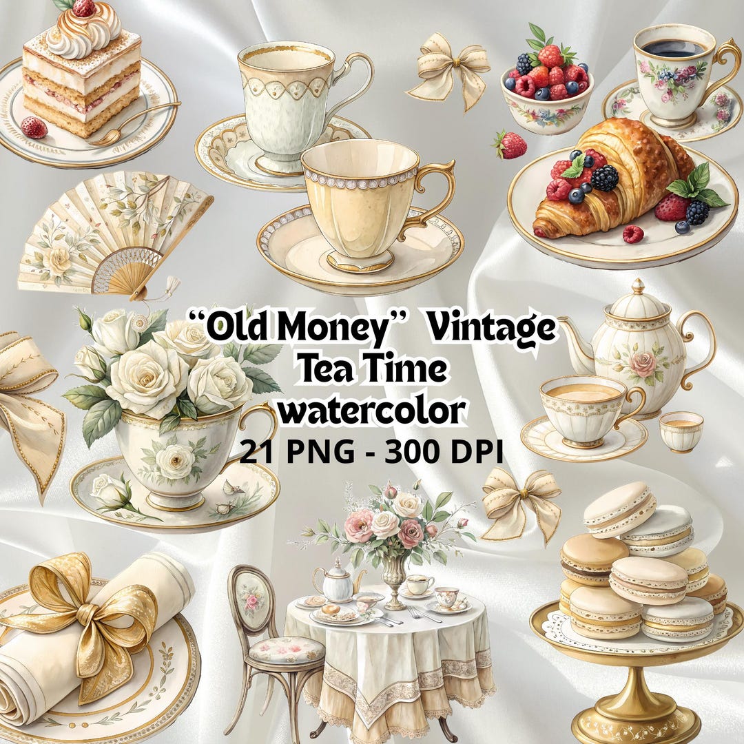 21 Watercolor Old Money Tea Time Clipart Digital Download Vintage Tea ...