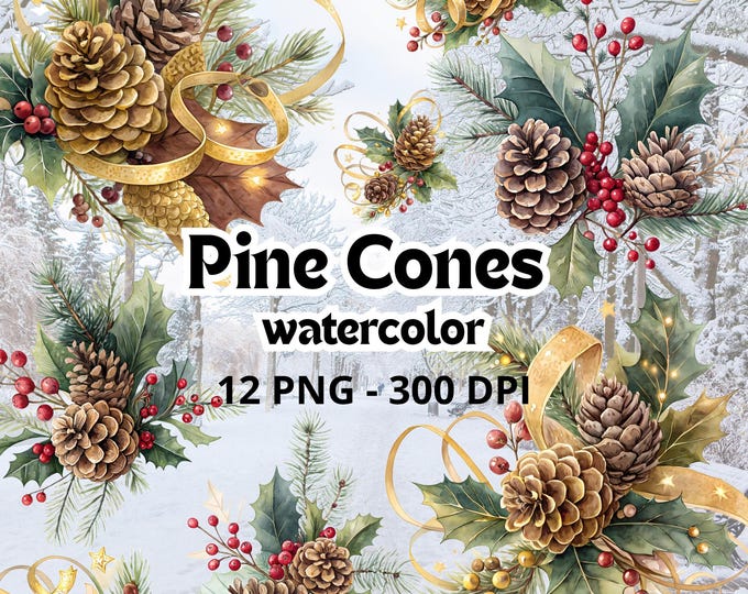 Pine Cones Clipart, Christmas Fir Tree Images, 10 Watercolor Clip Art ...