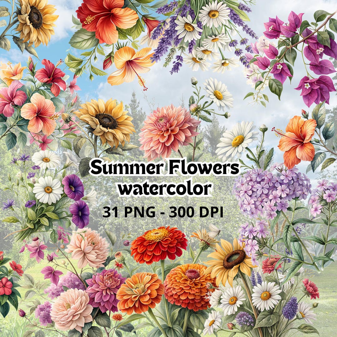 31 Watercolor Summer Flowers Clipart Digital Download Summer Floral ...