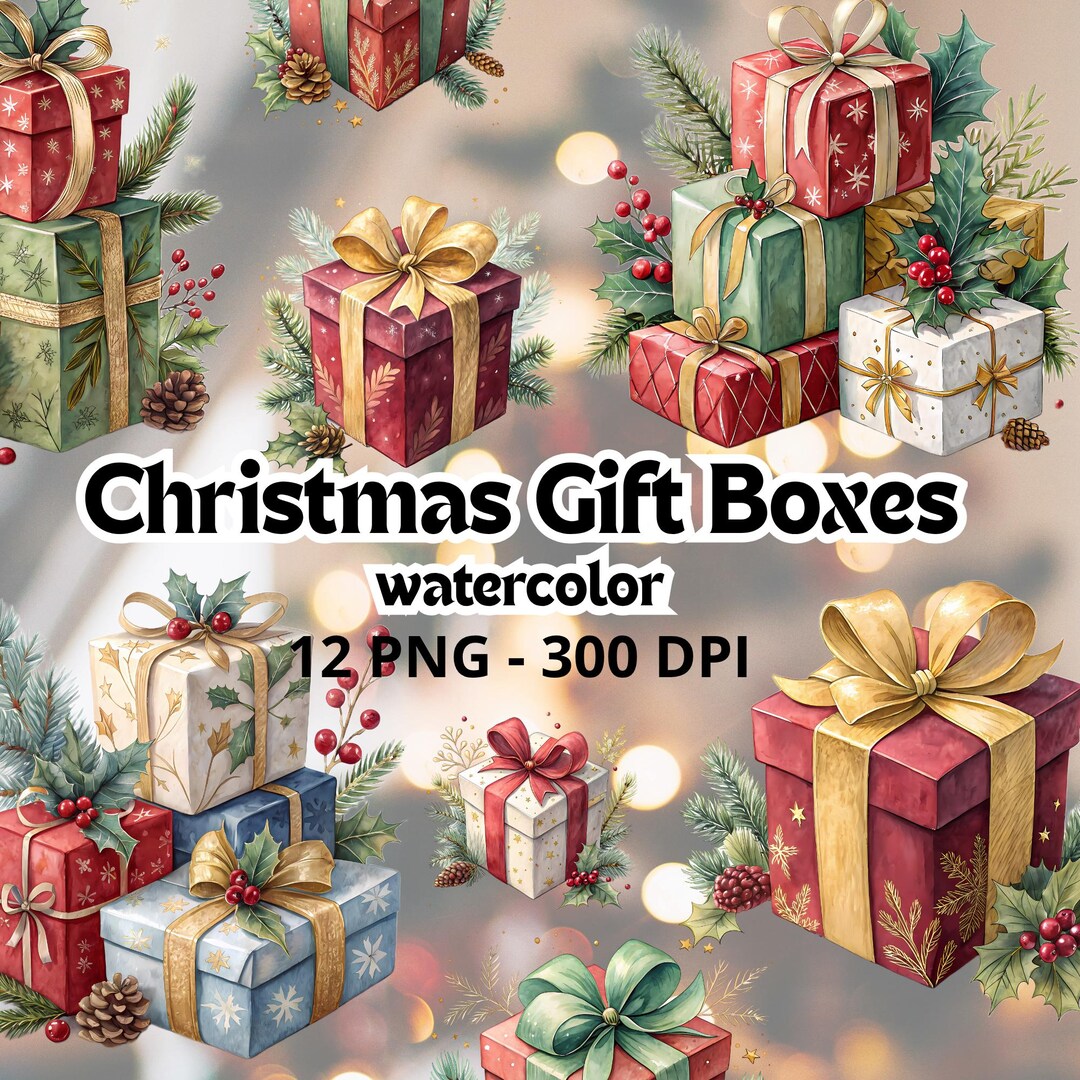 12 Watercolor Christmas Gift Box Clipart Instant Download Holiday and ...