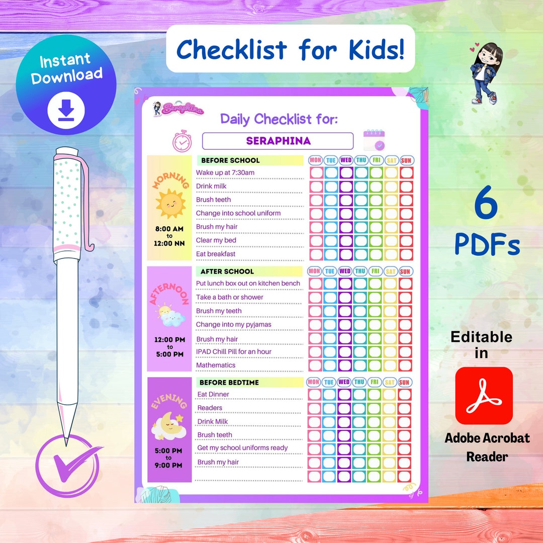 Editable Daily Checklist for Kids | Daily Chores List for Ages 6-12 ...