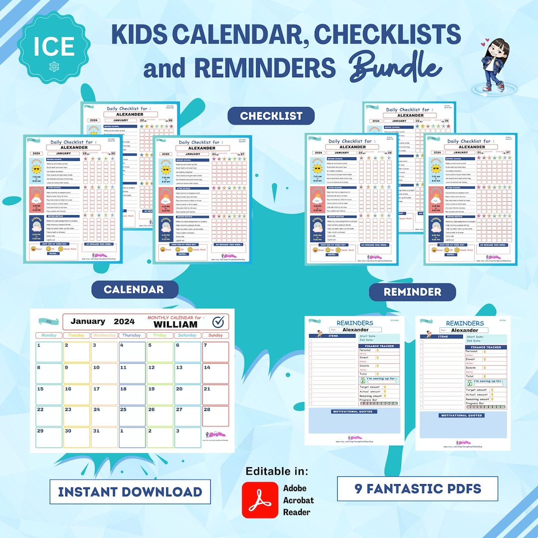 Kids Monthly Calendar, Checklists and Reminders Bundle | Qoutes and ...