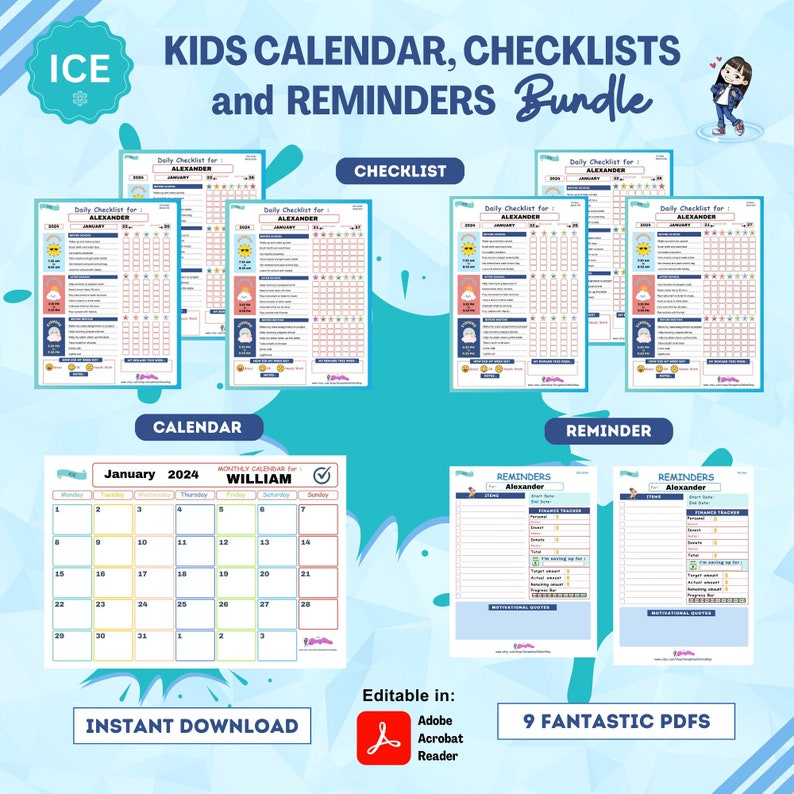 Kids Monthly Calendar, Checklists and Reminders Bundle | Qoutes and ...