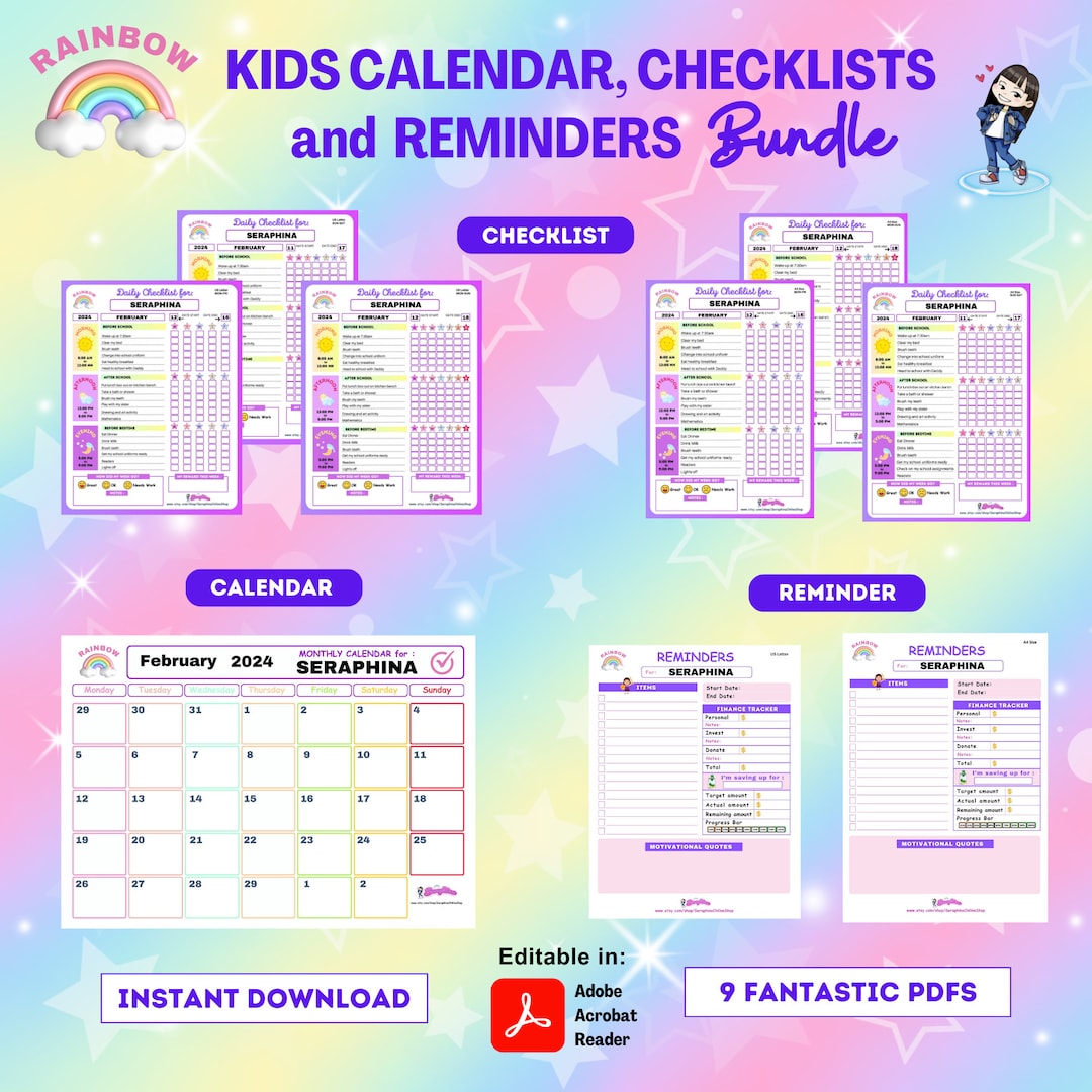 Kids Monthly Calendar, Checklists and Reminders Bundle | Qoutes and ...