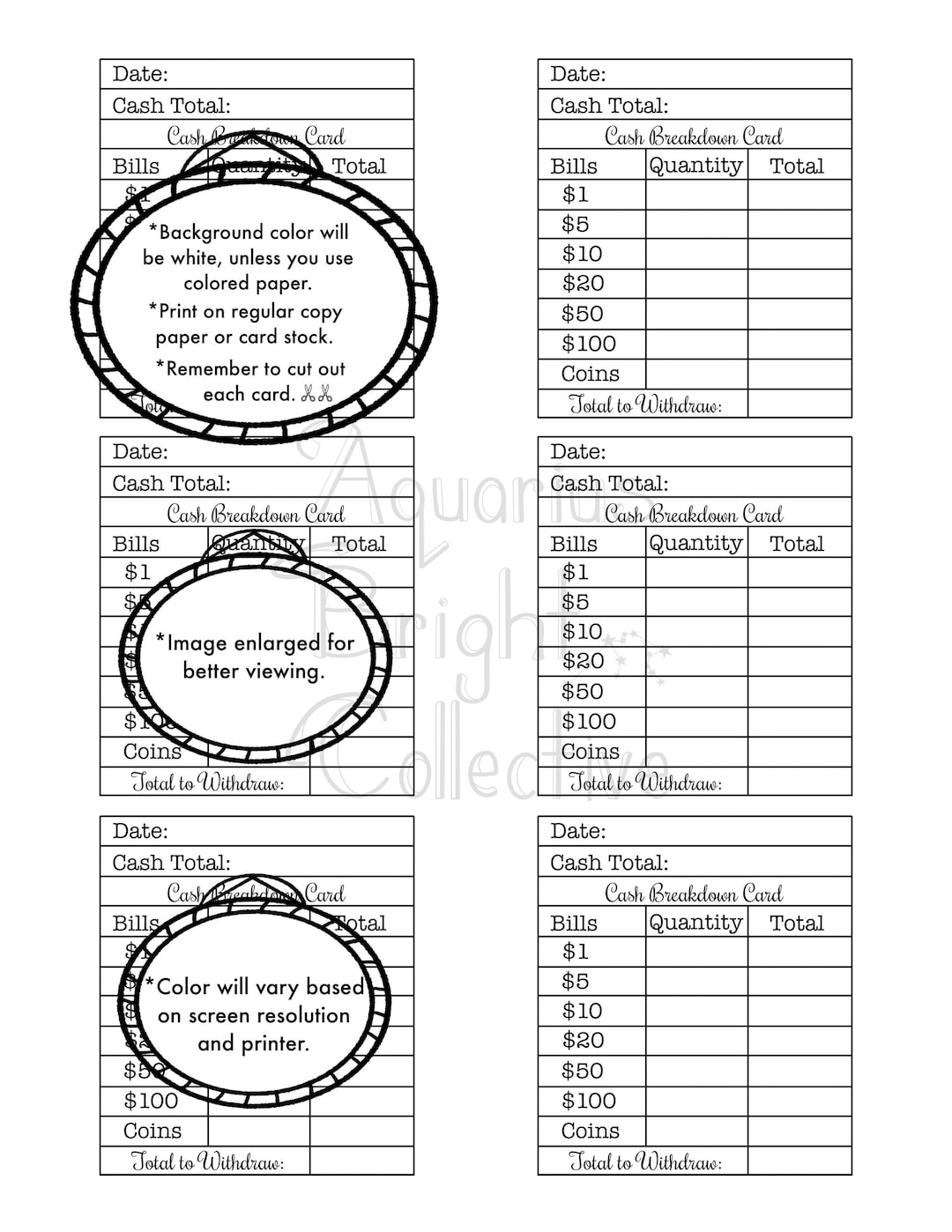 Bingo, Cash Breakdown Cards, Cash Breakdown Sheet, Bank Teller Slips ...