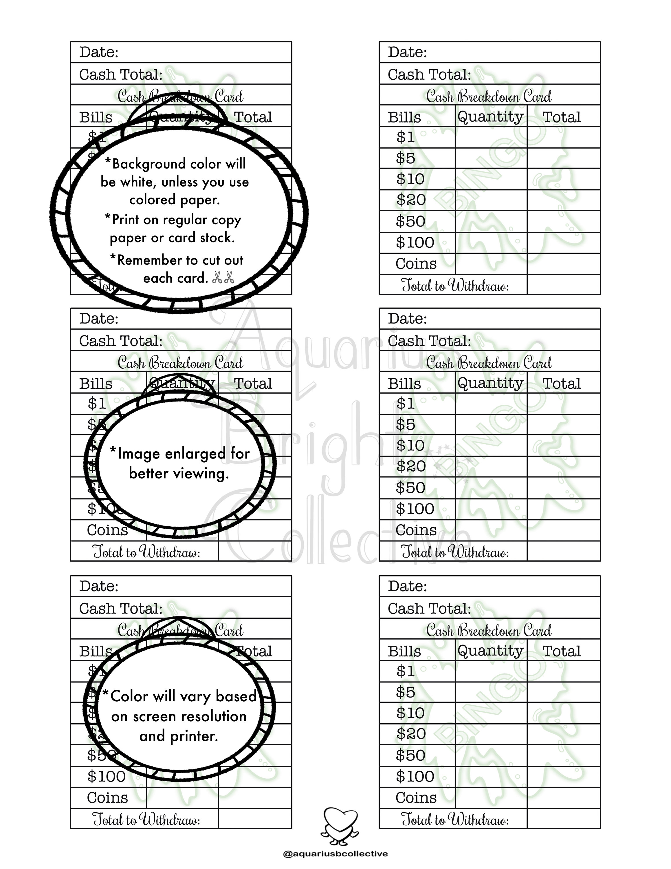 Bingo, Cash Breakdown Cards, Cash Breakdown Sheet, Bank Teller Slips ...