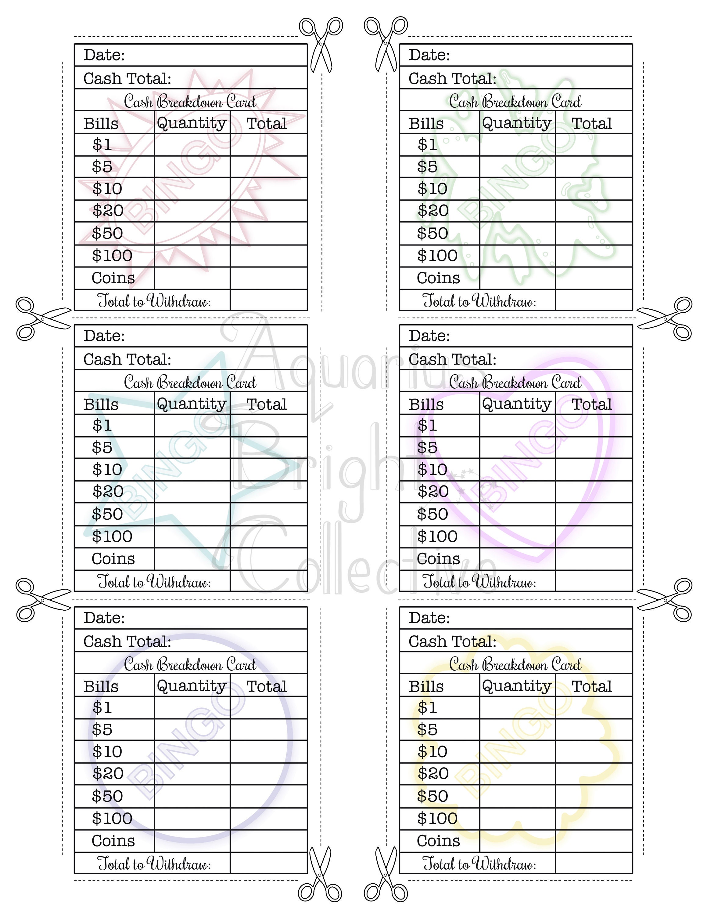 Bingo, Cash Breakdown Cards, Cash Breakdown Sheet, Bank Teller Slips ...