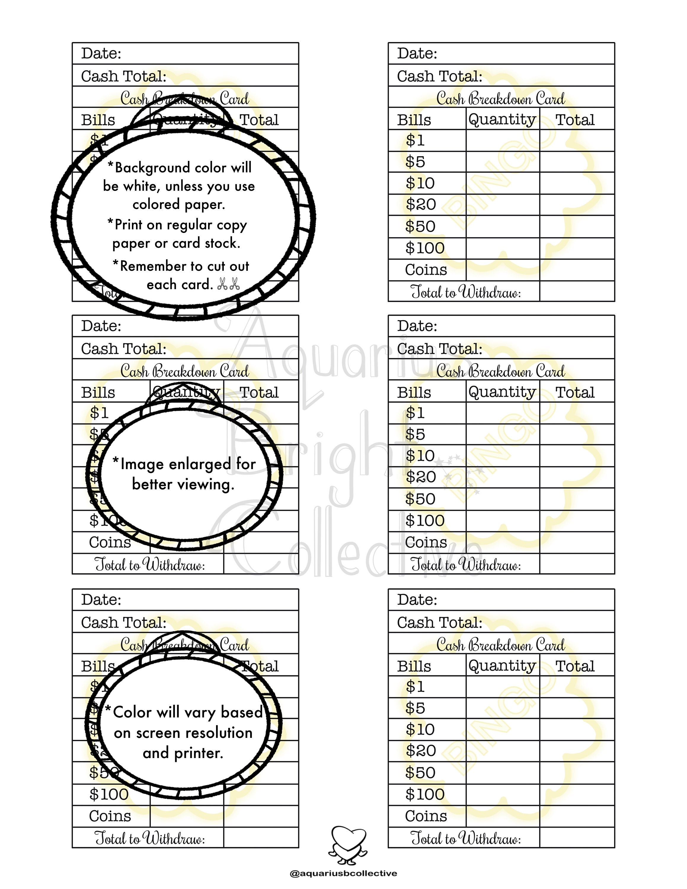 Bingo, Cash Breakdown Cards, Cash Breakdown Sheet, Bank Teller Slips ...