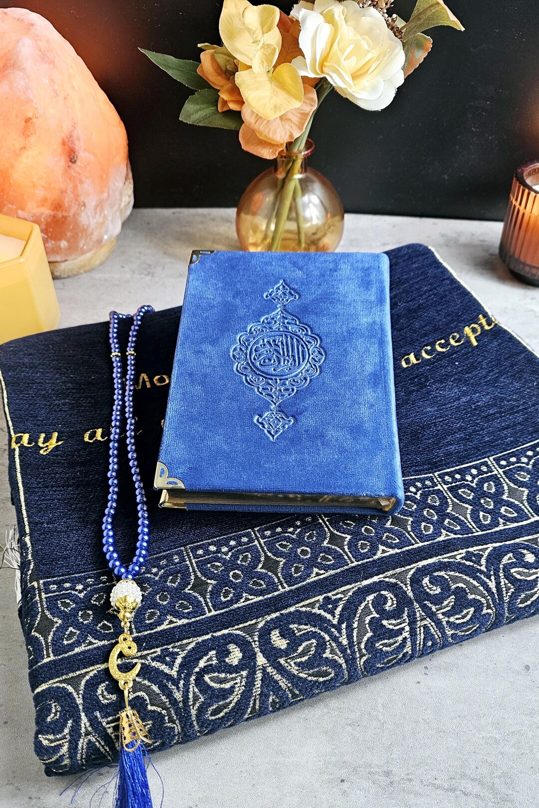 Customised Velvet Prayer Mat Quran Tasbeh Set Personalised Eid Hajj ...
