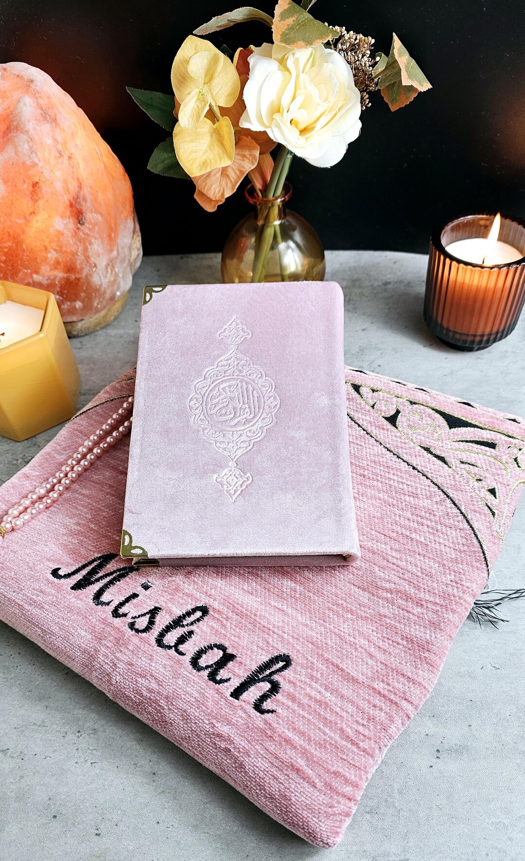 Customised Velvet Prayer Mat Quran Tasbeh Set Personalised Eid Hajj ...