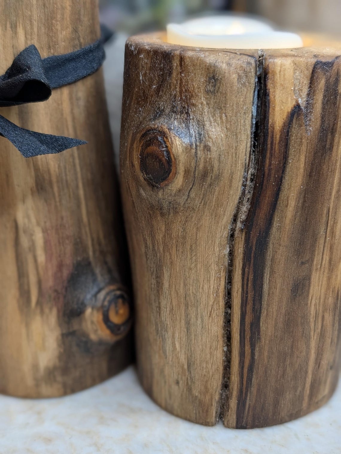 Flameless Hollow Log Candle | Aspen Wood Candleholder With Leaf Accent ...