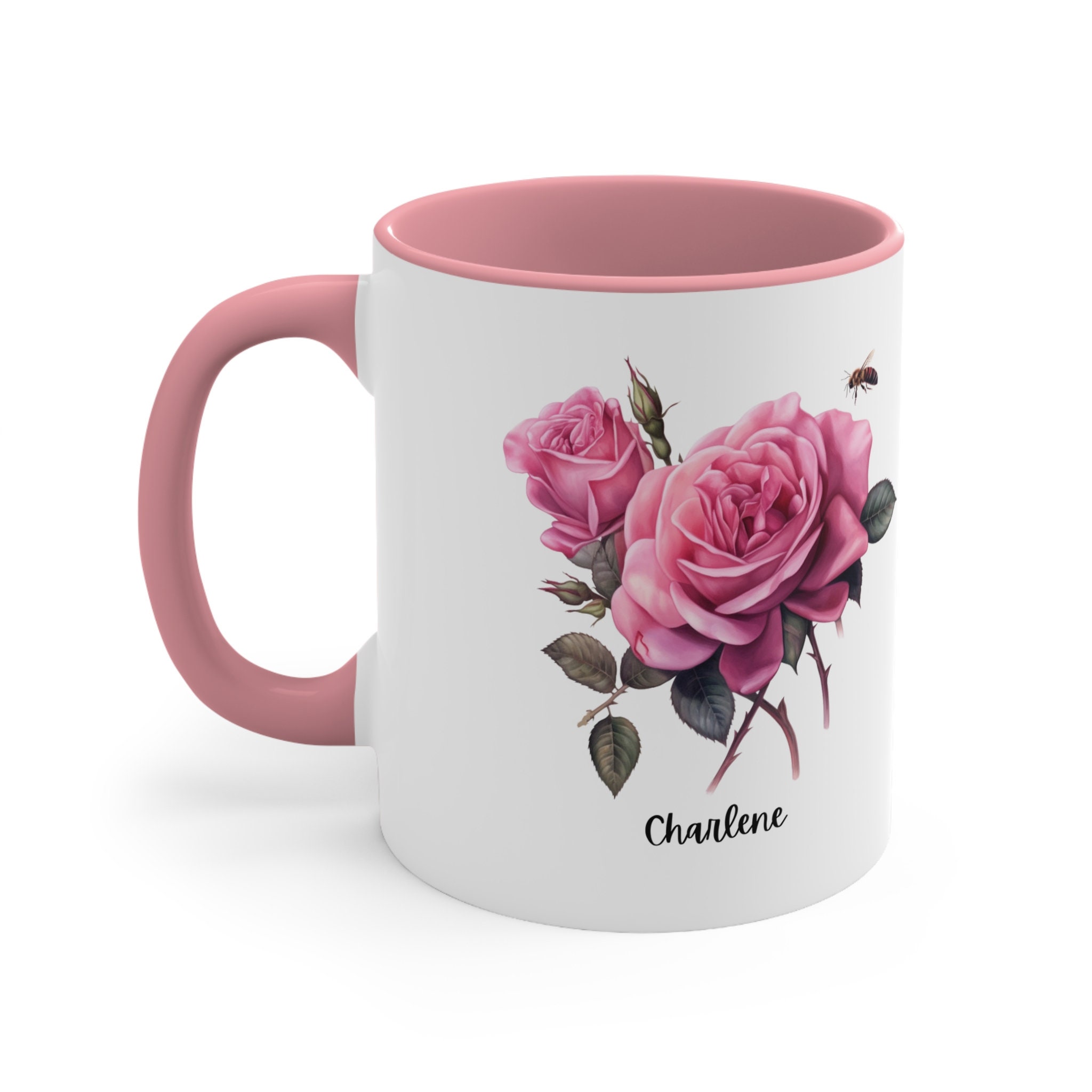 Personalized Pink Roses & Bee Mug, Pink Roses Coffee Mug, Pink Roses ...