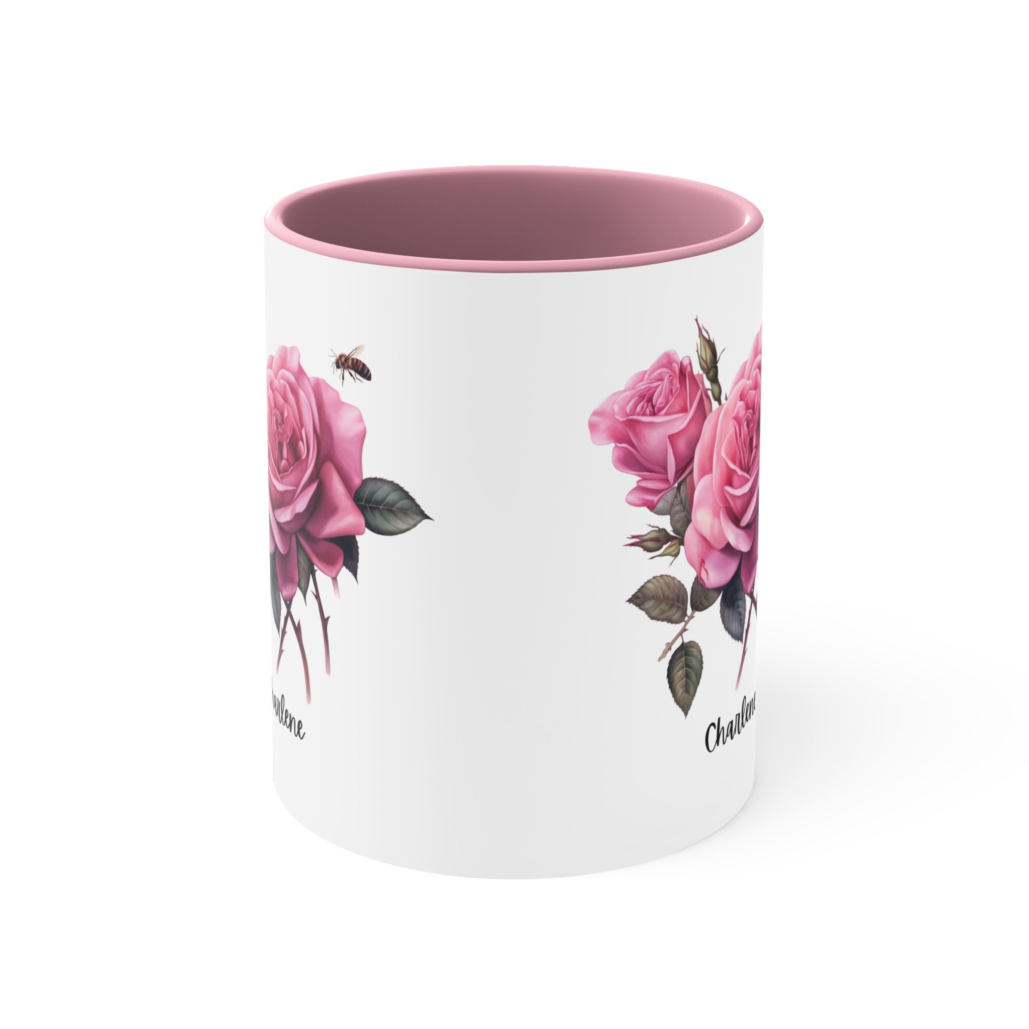 Personalized Pink Roses & Bee Mug, Pink Roses Coffee Mug, Pink Roses ...
