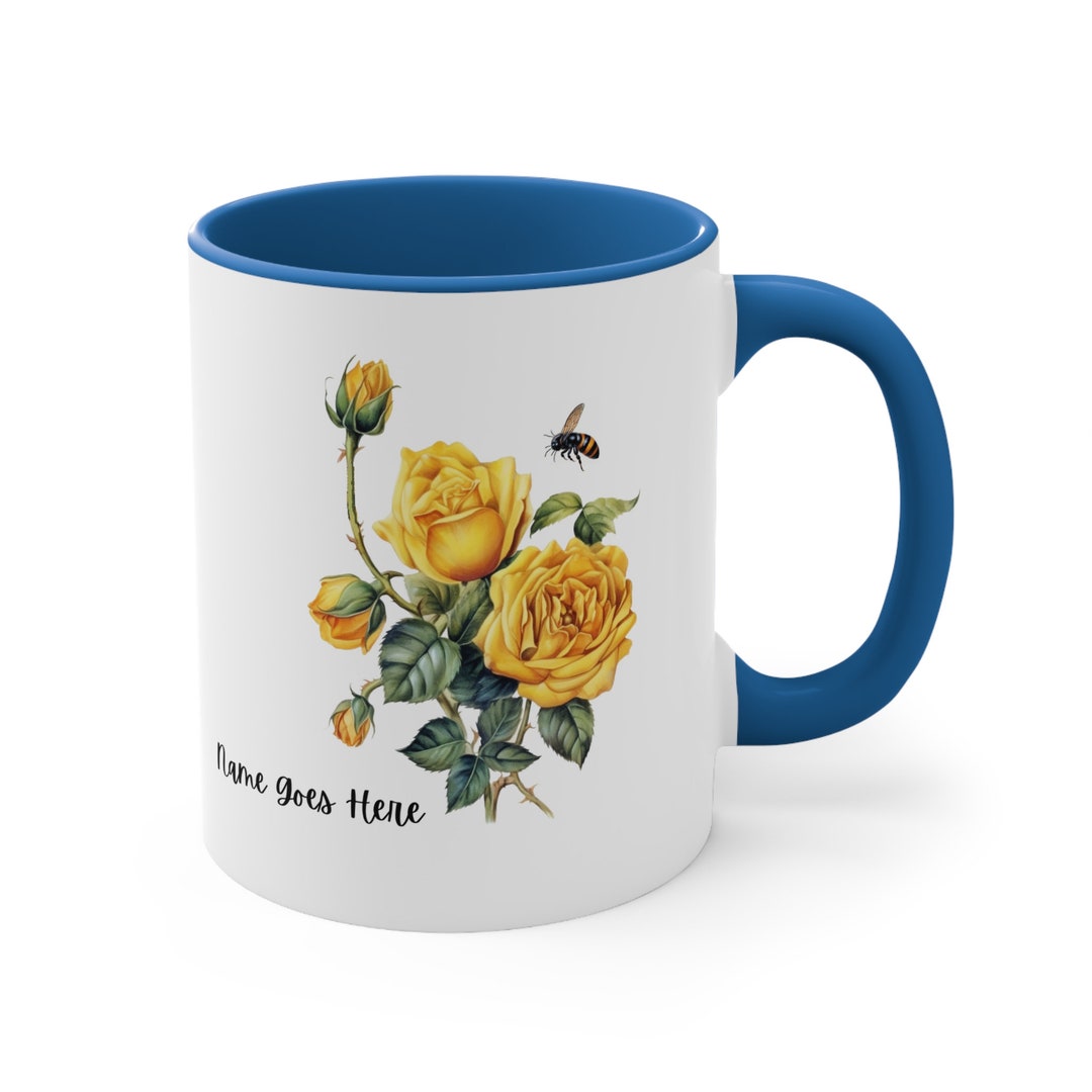 Personalized Roses & Bee Mug, Roses Coffee Mug, Roses Tea Cup, Roses ...