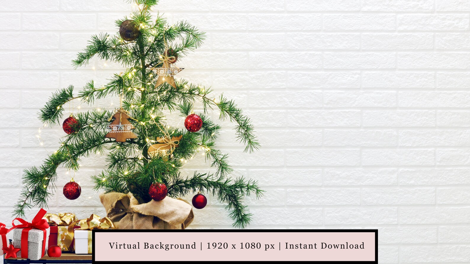 Home Office Christmas Zoom Background, Plain Brick Wall Christmas Tree ...