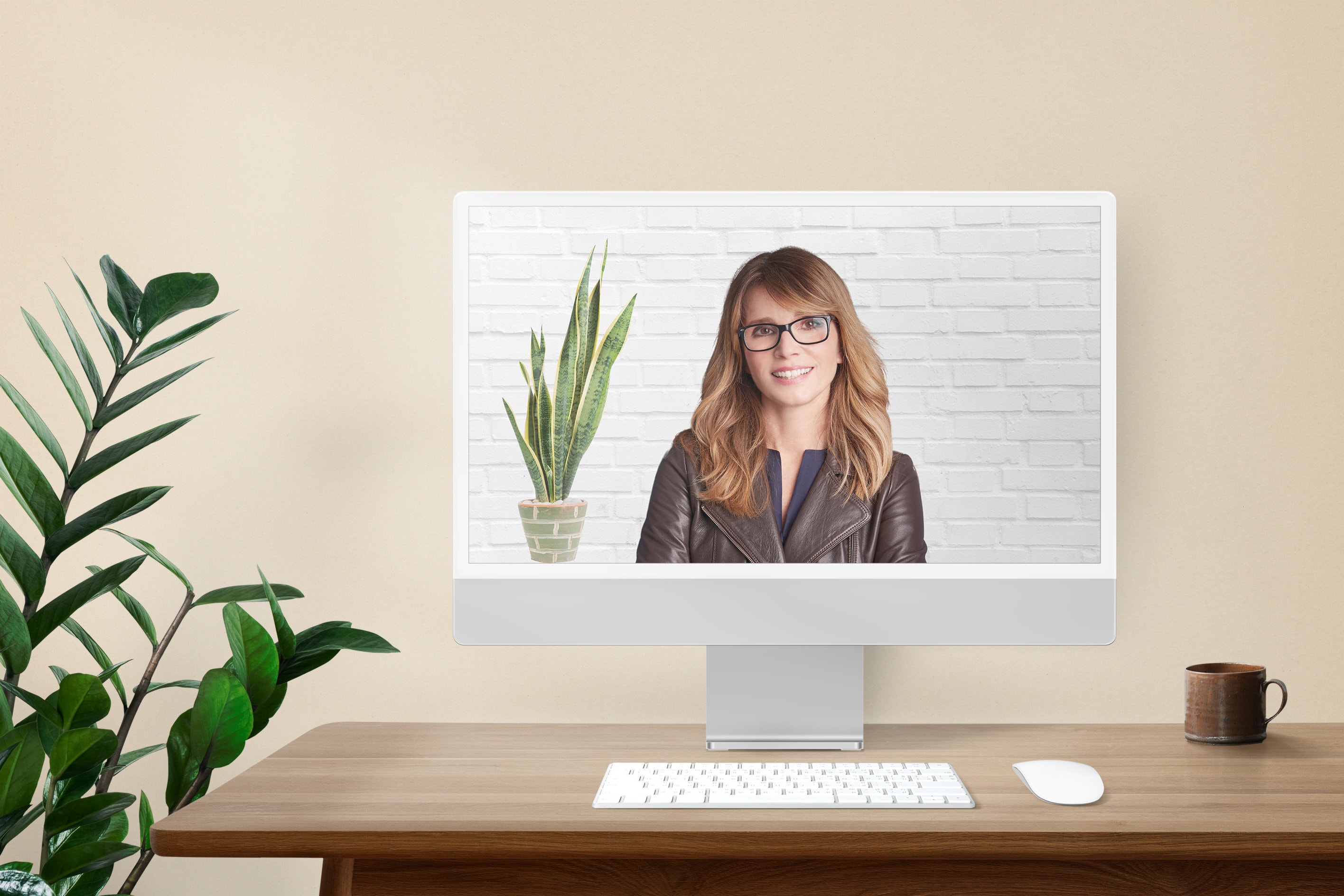Bright White Minimalist Zoom Background With Brick Wall and Plant ...