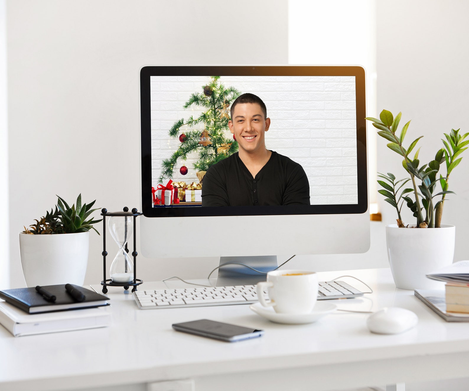 Home Office Christmas Zoom Background, Plain Brick Wall Christmas Tree ...