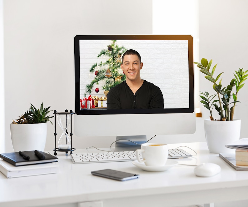 Home Office Christmas Zoom Background, Plain Brick Wall Christmas Tree ...