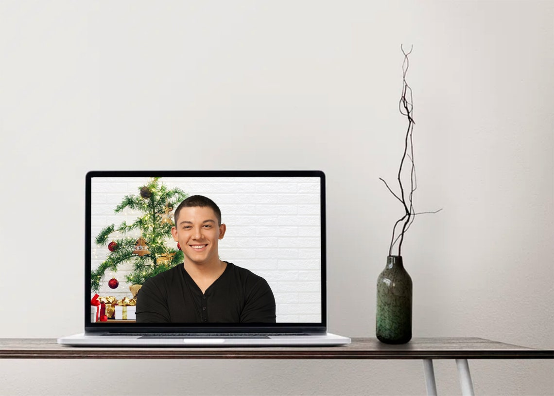 Home Office Christmas Zoom Background, Plain Brick Wall Christmas Tree ...
