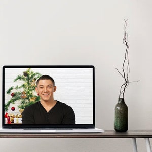 Home Office Christmas Zoom Background, Plain Brick Wall Christmas Tree ...