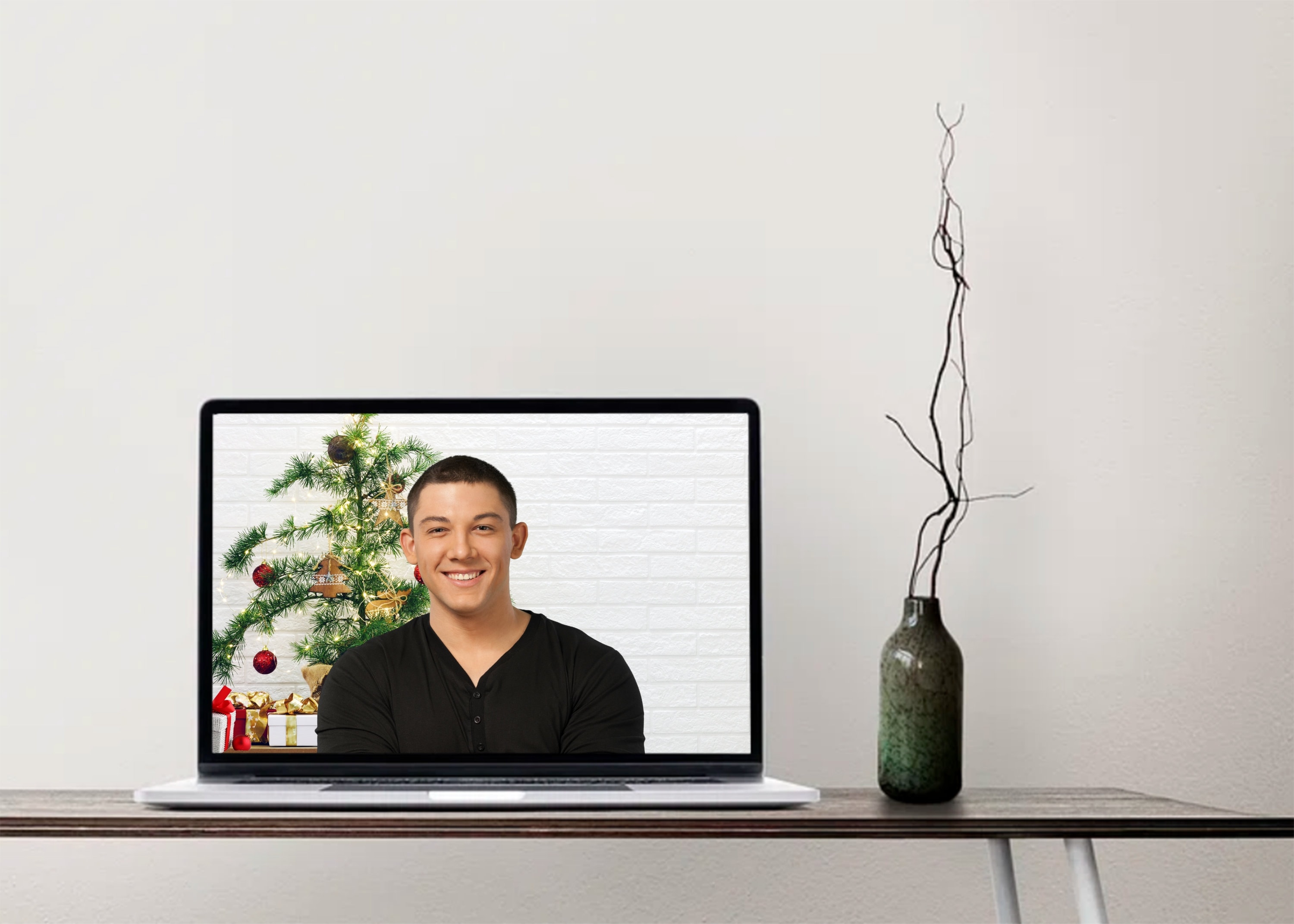 Home Office Christmas Zoom Background, Plain Brick Wall Christmas Tree ...