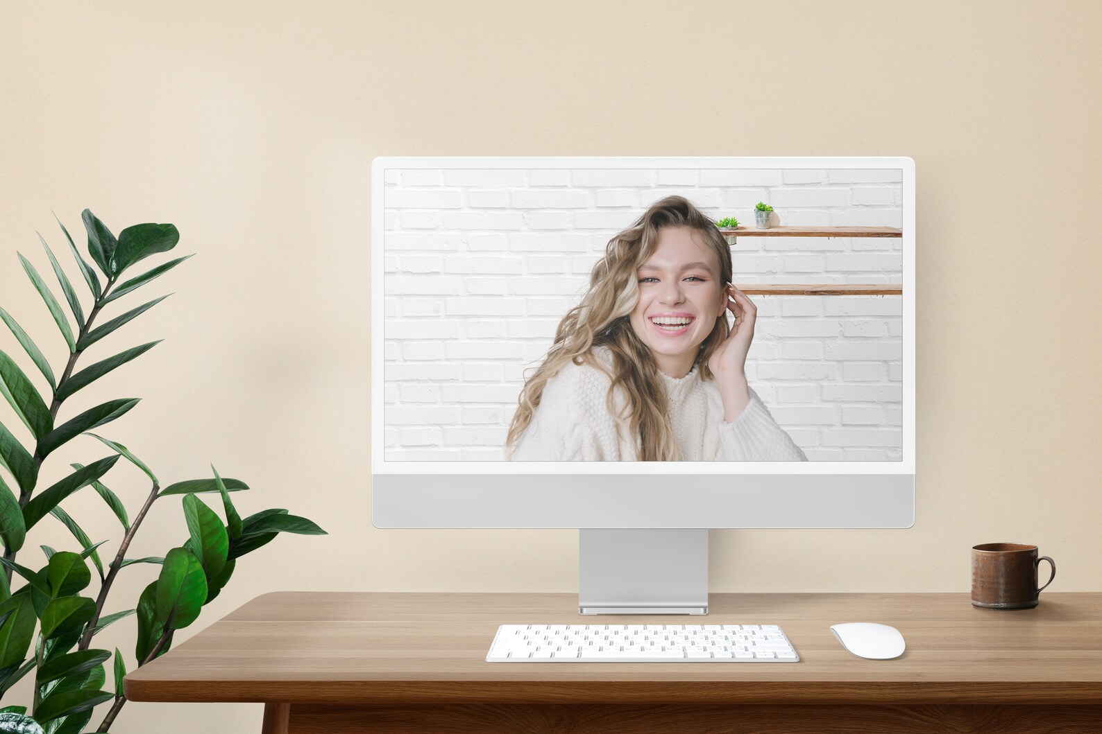 White Brick Wall Zoom Background With Shelves and Plants, Virtual ...