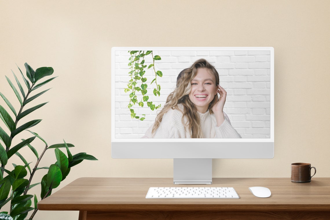 Hanging Plant Zoom Background With Clean White Brick Wall, Virtual ...