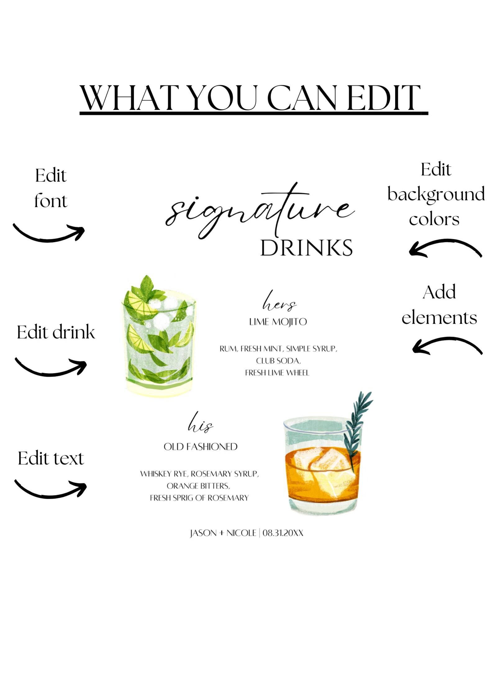 His and Hers Signature Drink Menu Template Modern Wedding Cocktail Sign ...