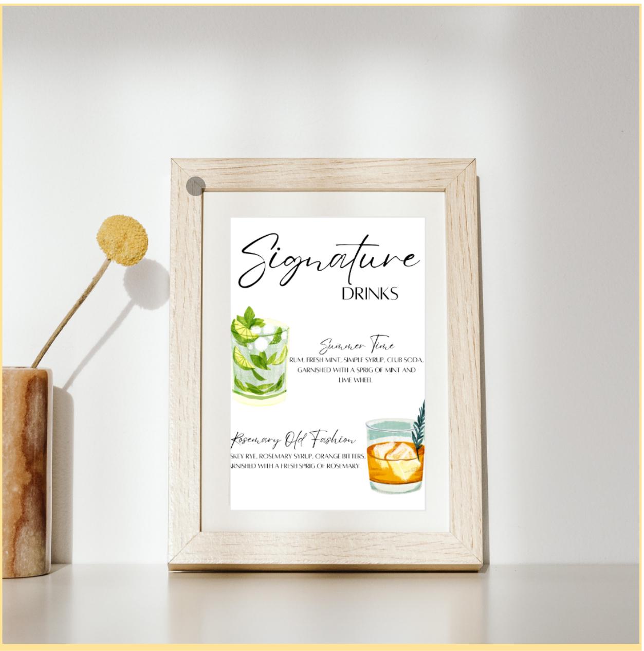 Modern Signature Drink Bar Menu Template Editable Wedding Cocktail Sign ...