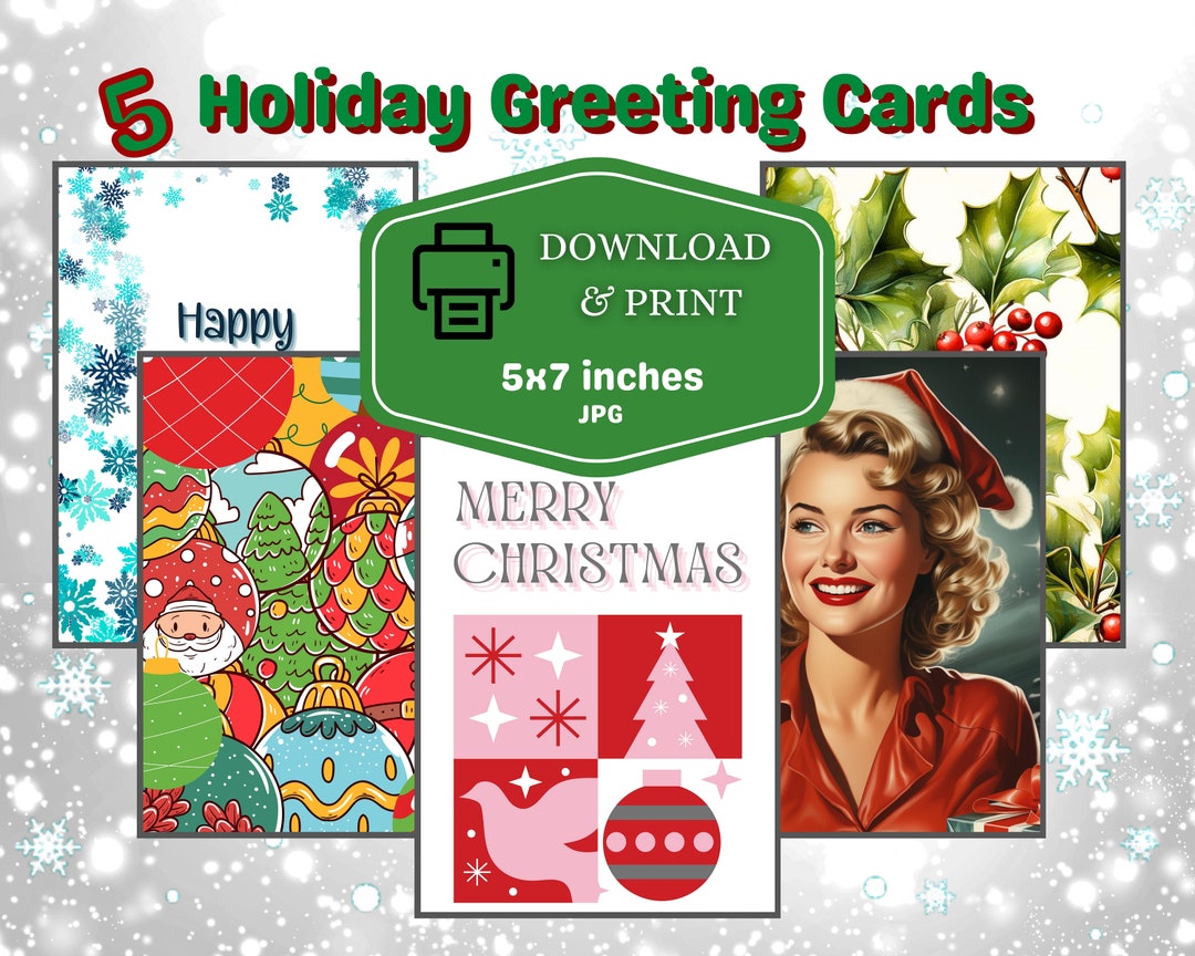 Printable Christmas Cards Set of 5 Assorted Designs With - Etsy