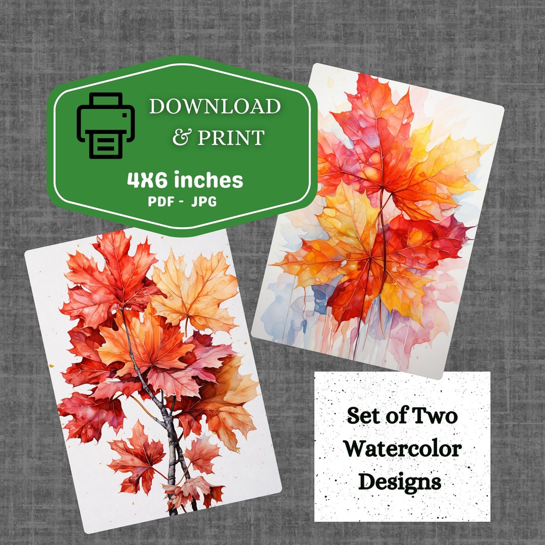 Printable Autumn Leaves Watercolor, Set of 2 Instant Download, 4x6 Size ...