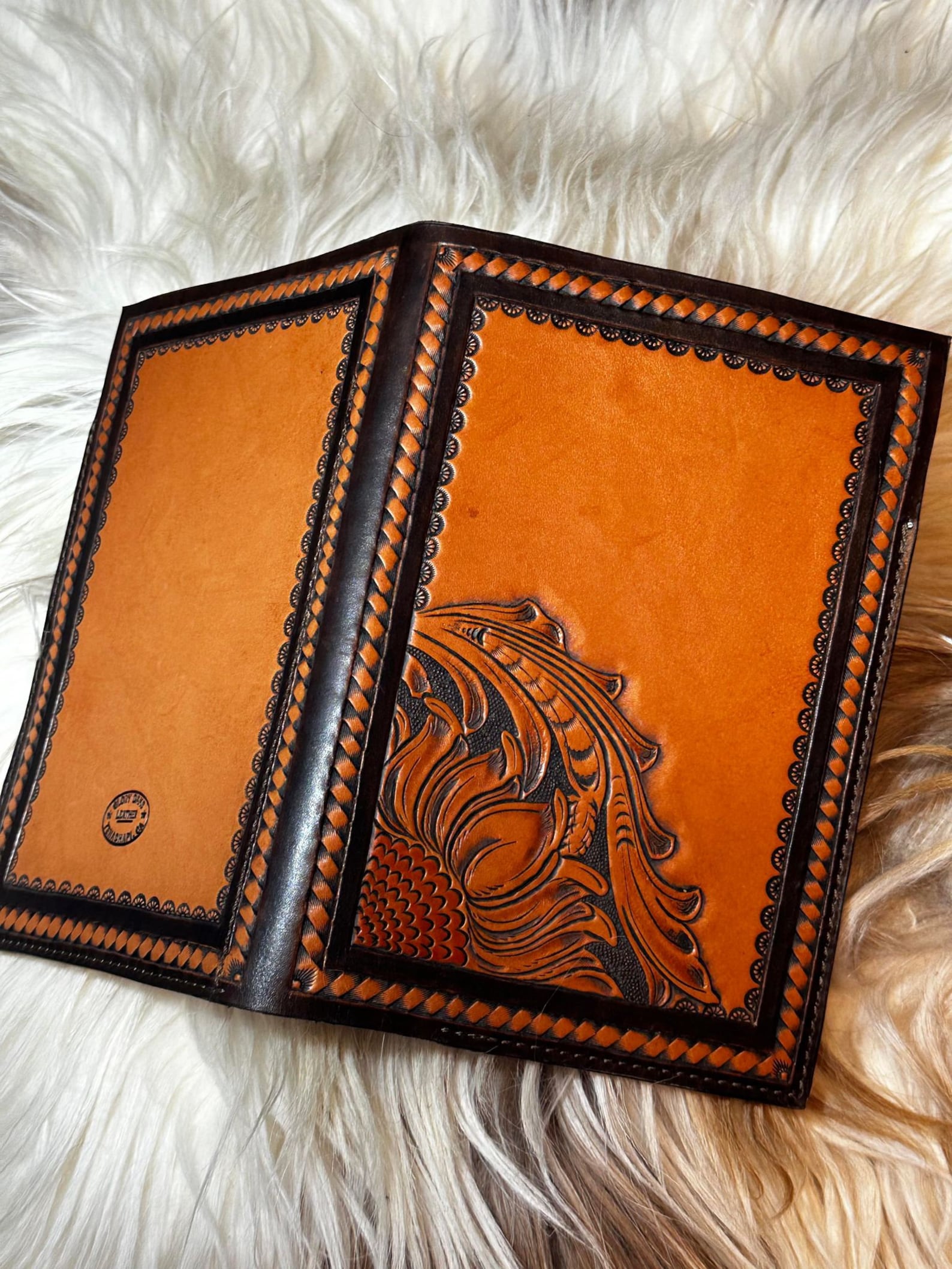 Mini Padfolio-all Leather Hand Carved Sunflower With Gorgeous Tooled ...