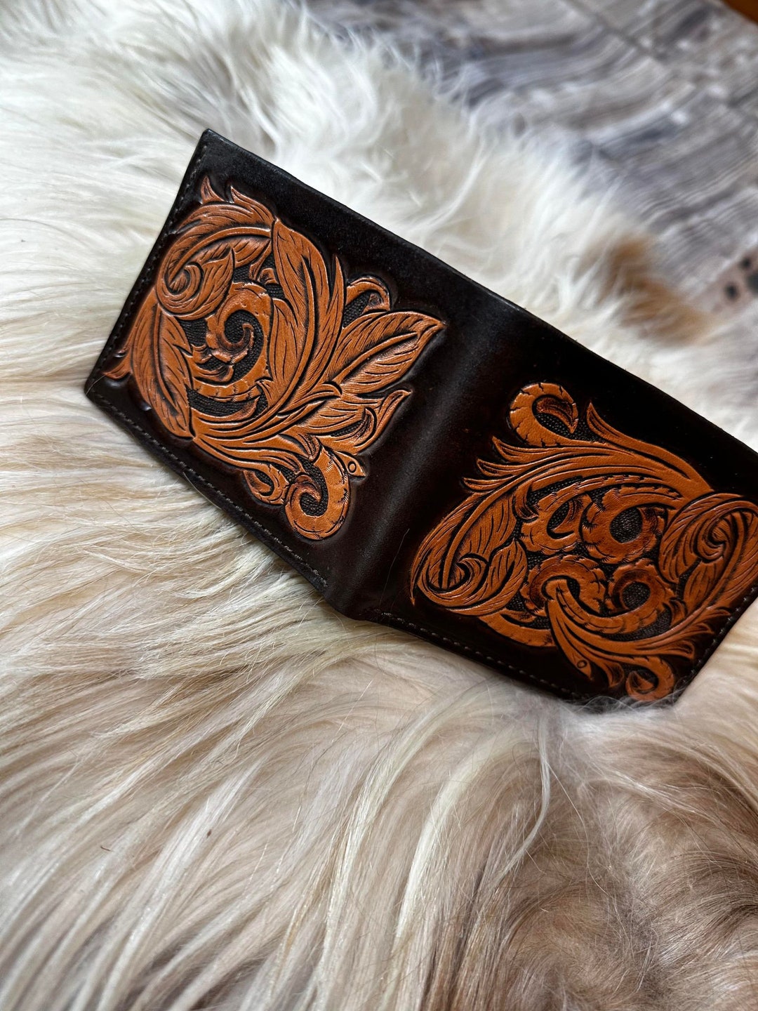 Billfold, Hand Tooled Leather, Hand Carved Wallet, Tooled Feather ...