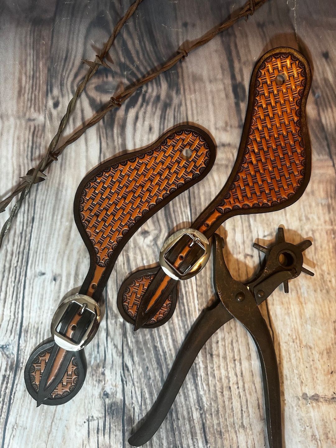 Spur Straps-hand Tooled-ladies or Youth Classic Basket Weave. - Etsy