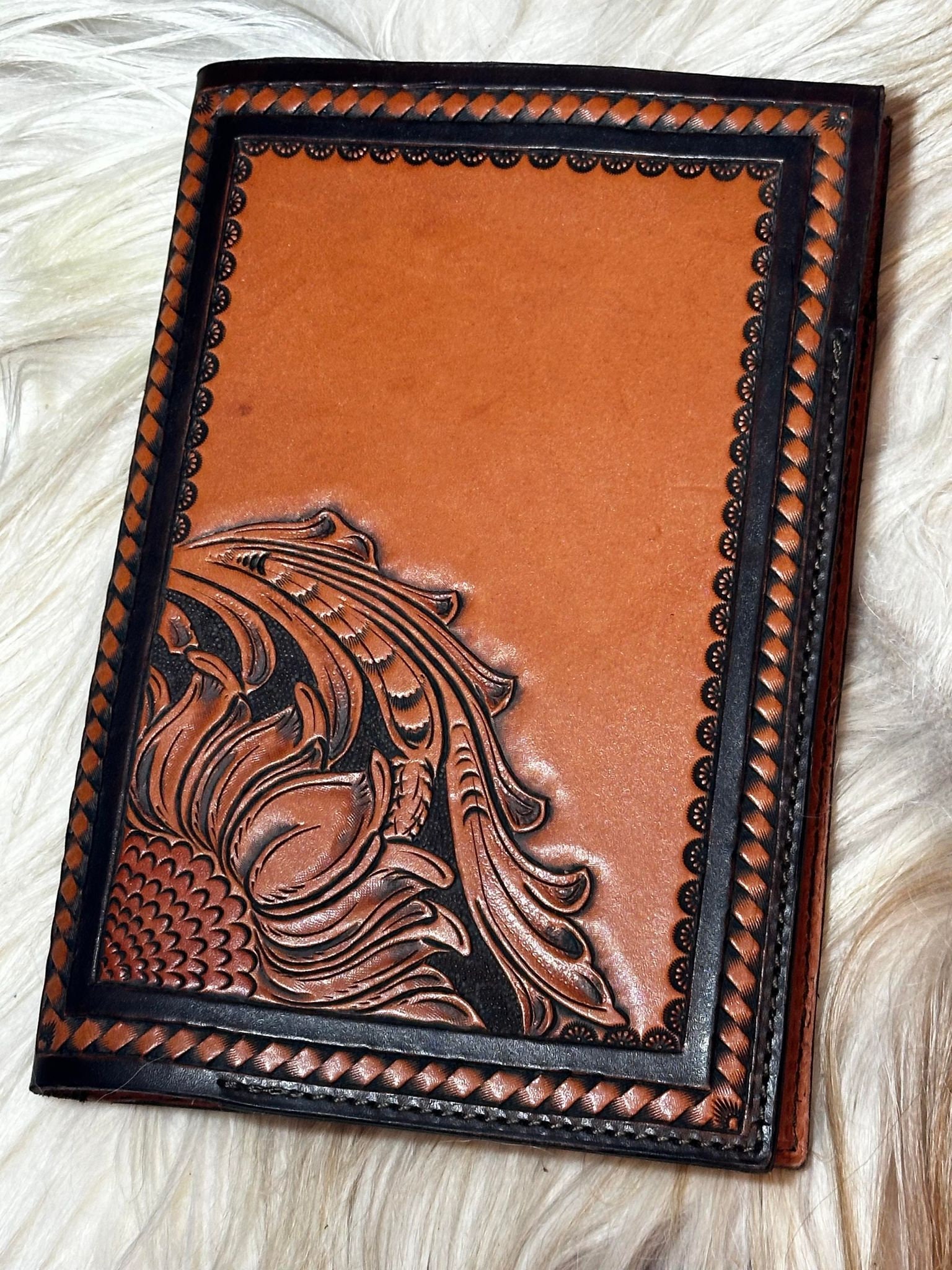 Mini Padfolio-all Leather Hand Carved Sunflower With Gorgeous Tooled ...