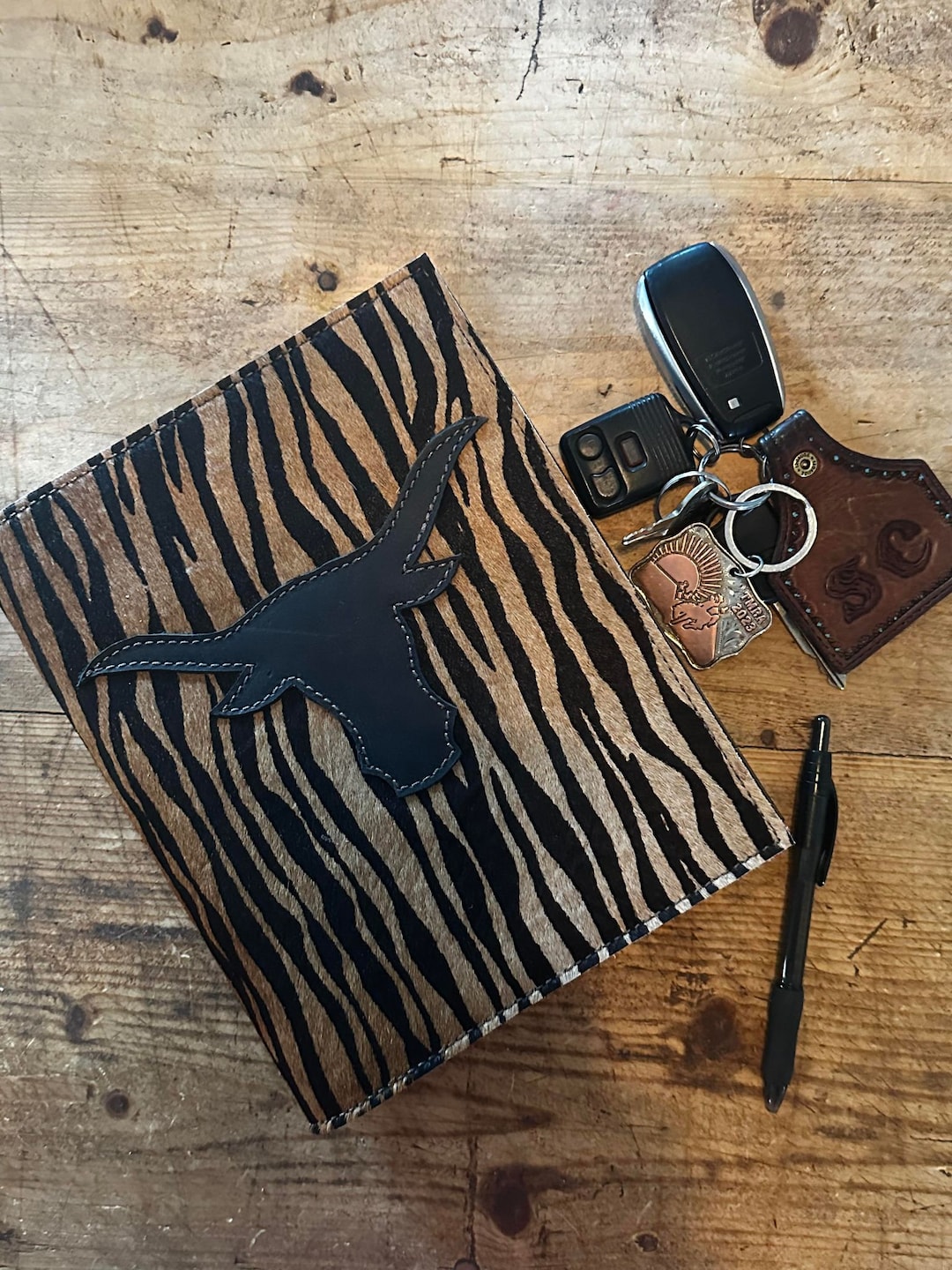 Planner-tiger Print Cowhide, Black Bull Leather Applique, Daily Planner ...