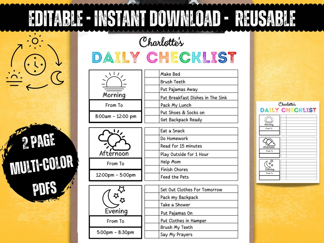 Editable Daily Checklist for Kids Daily Routine Chart - Etsy