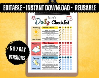 EDITABLE & PRINTABLE DAILY Checklist for Kids Chore Chart for - Etsy