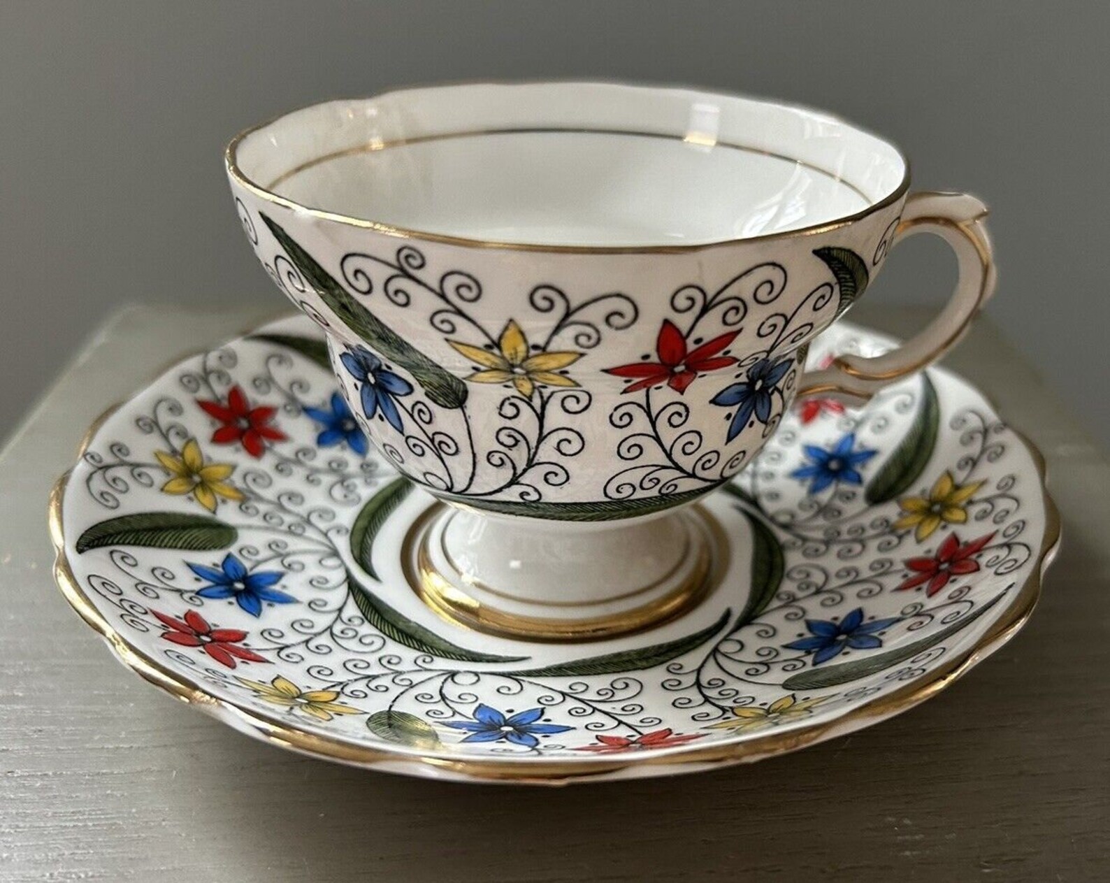 VTG Rosina 5384 Black White Bold Colors Bone China Teacup & Saucer ...