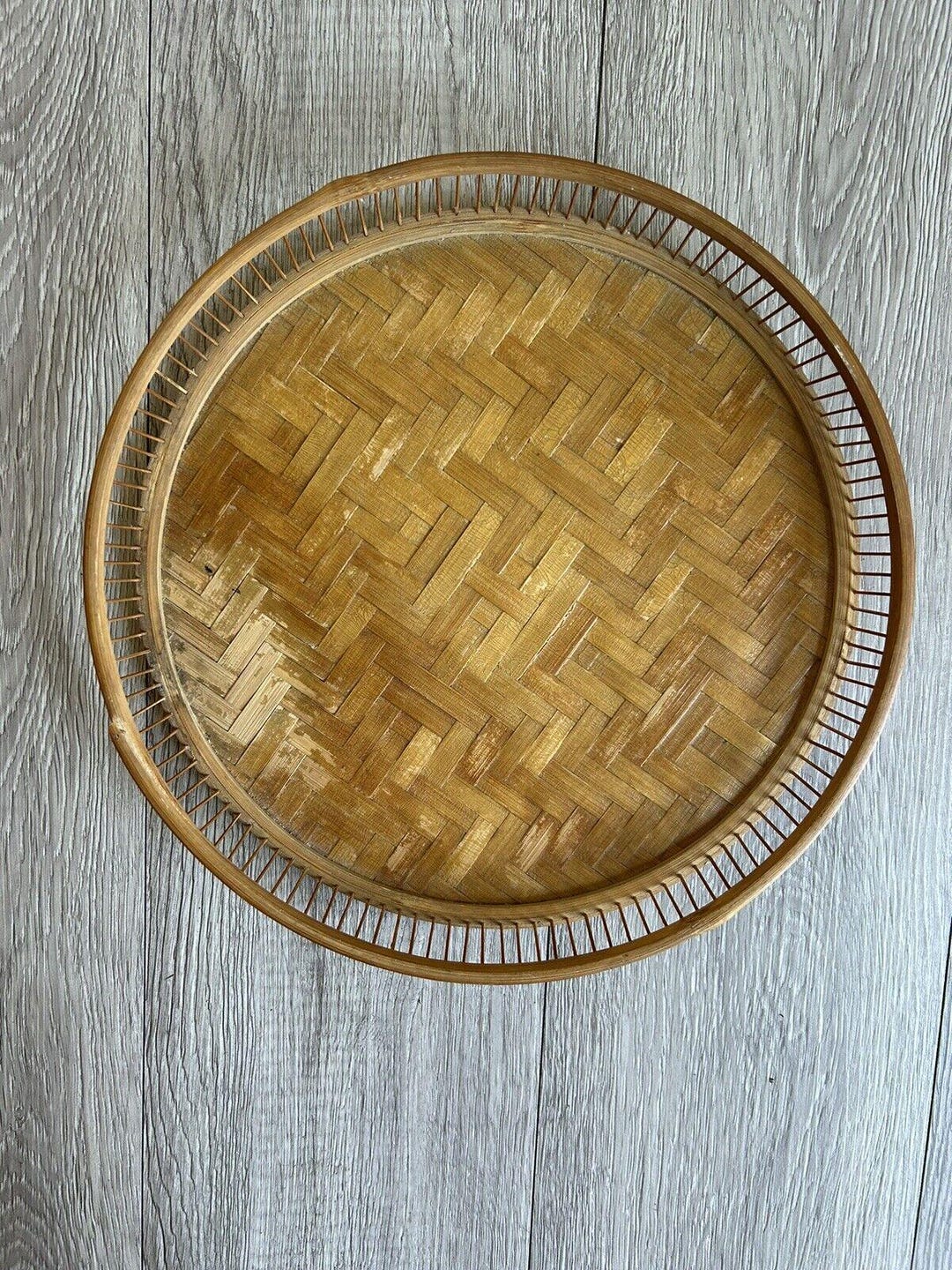 Vintage Bamboo Rattan Serving Tray Wicker Weave Tiki Wood 10.5 Round ...