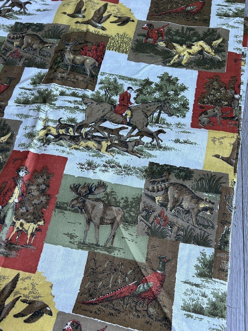Vintage Hunt Scene Hunting Fabric Remnants Cotton Panels X 2 44x44 ...