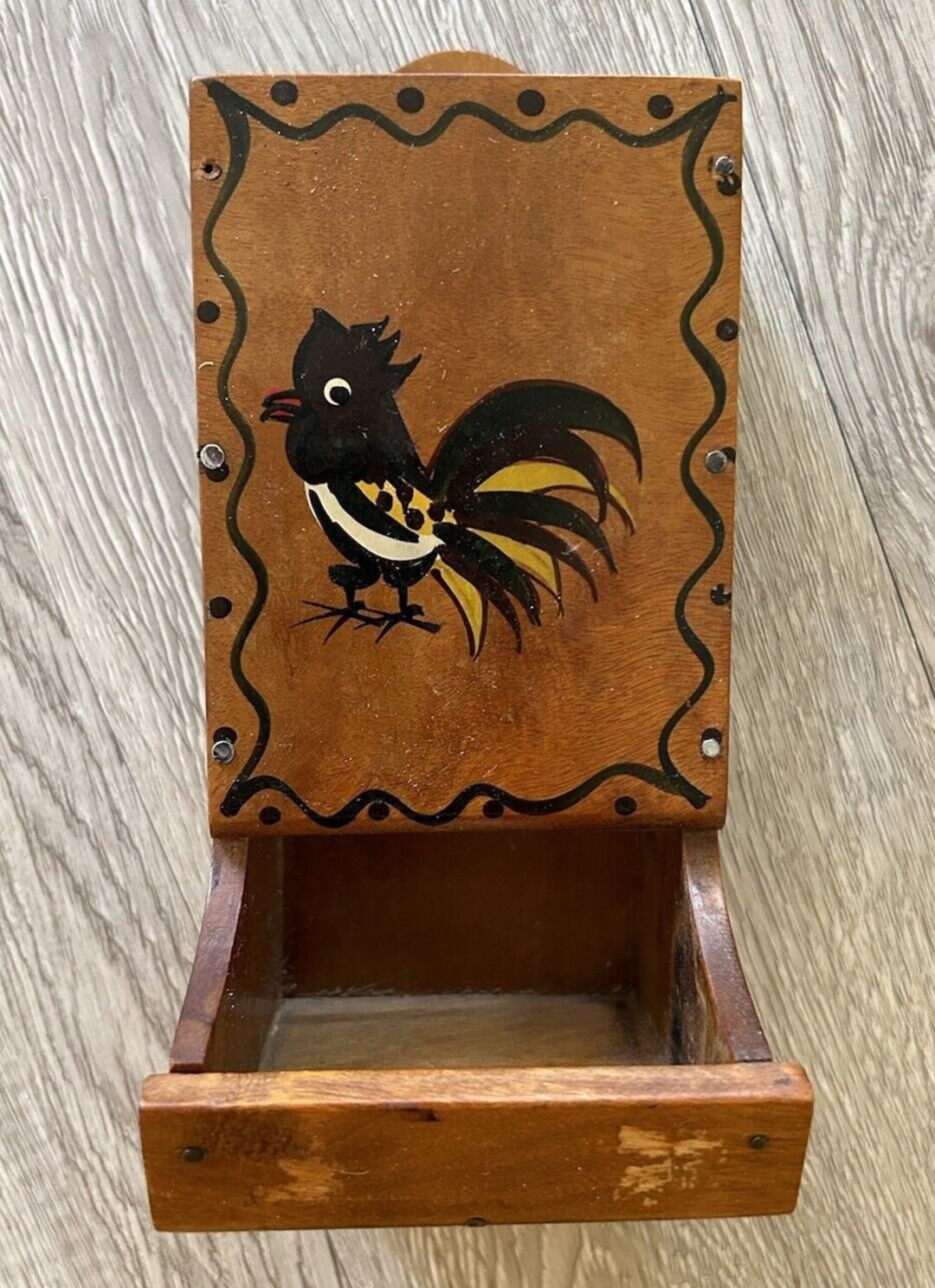 VTG Wooden Rooster Match Box Hanger Wall Box Woodpecker Woodware ...