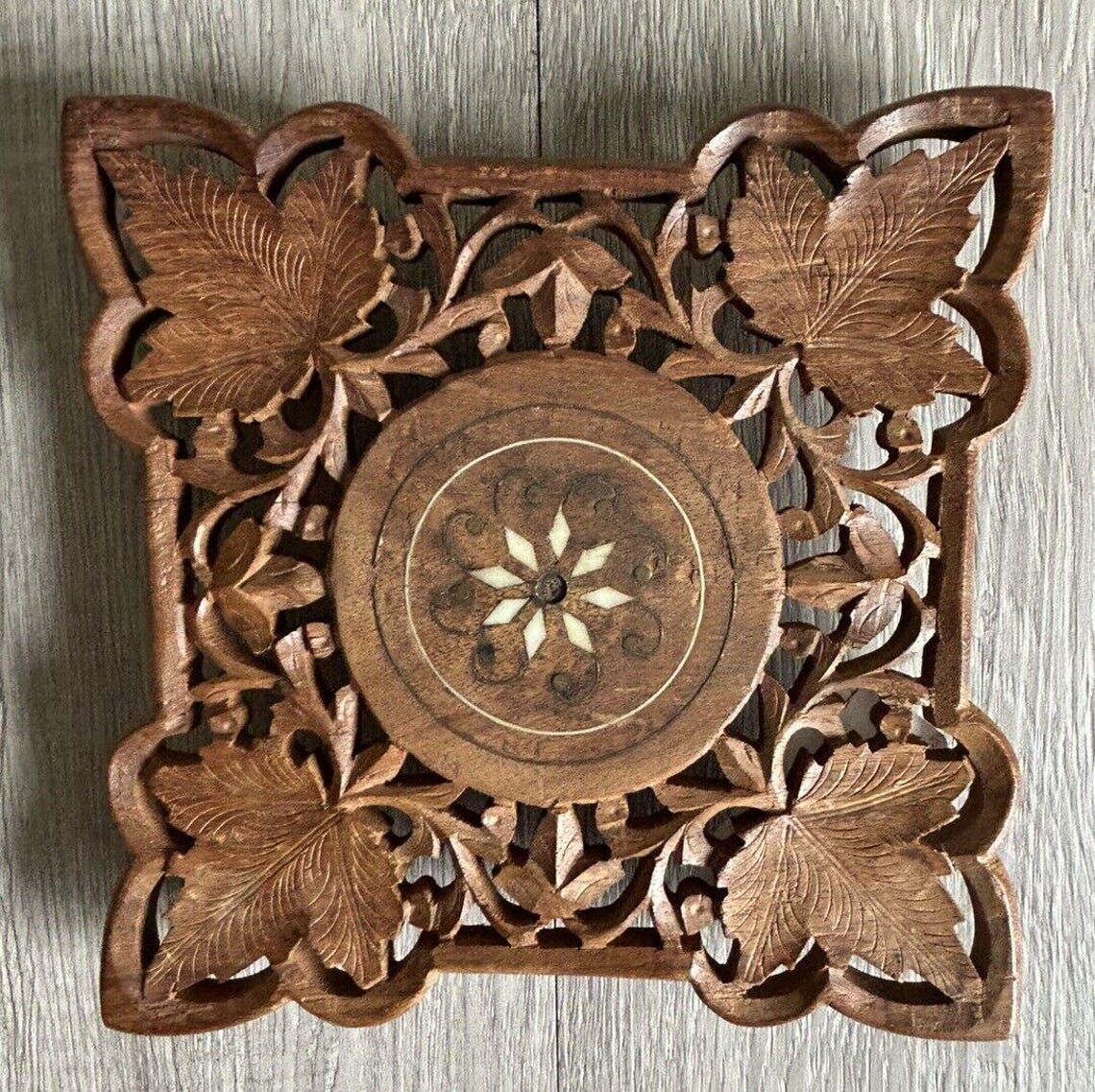 Vintage 7 Square Wooden Trivet Hand Carved Inlaid Design Hot Plate ...