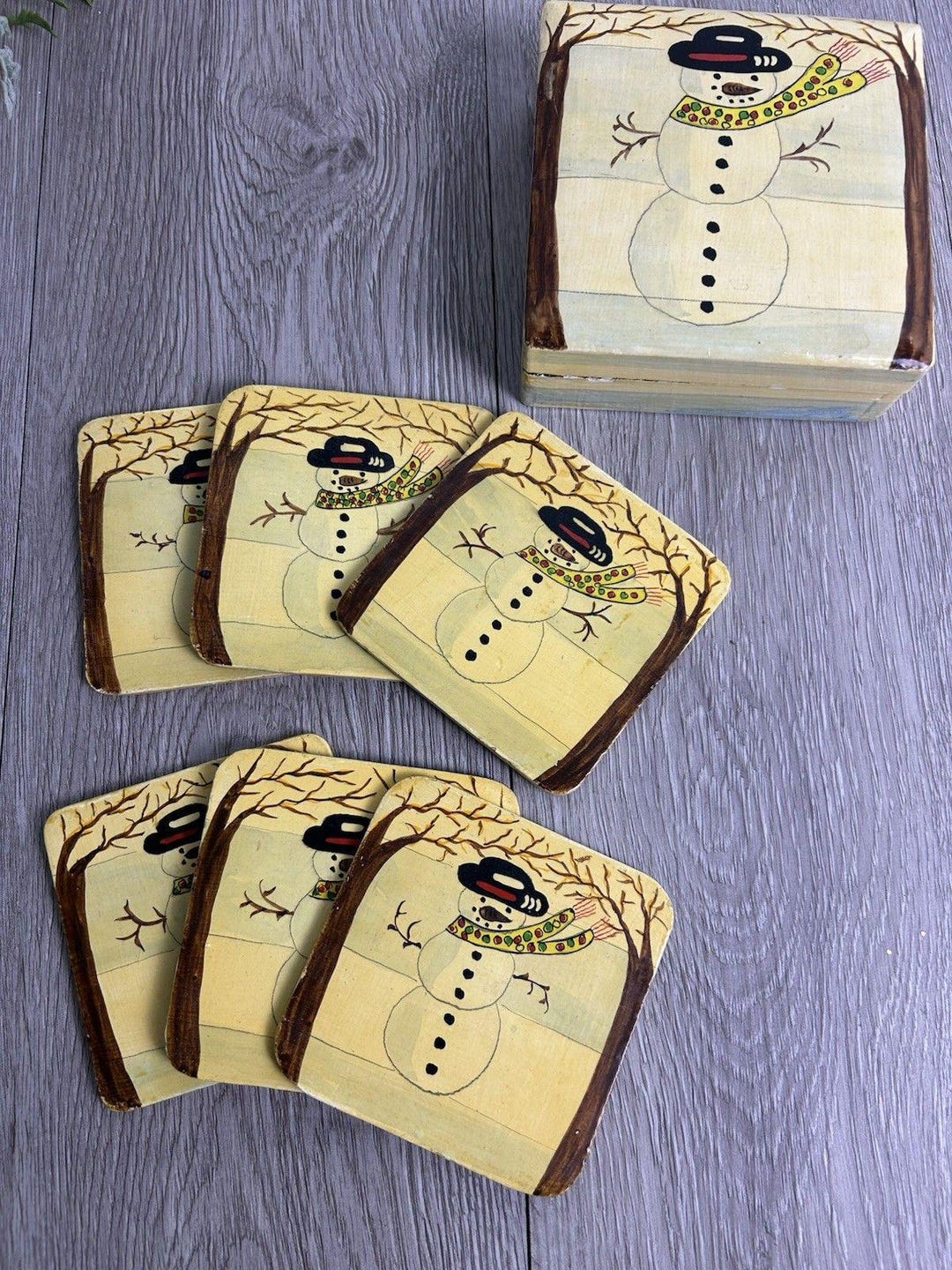 Vintage Hand Painted Wood Paper Mache Lacquered Coaster Set Winter ...