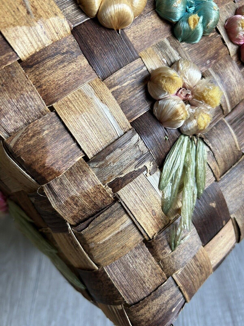 Vintage Woven Raffia Basket Wastebasket Trash Can Square Floral Accent - Etsy