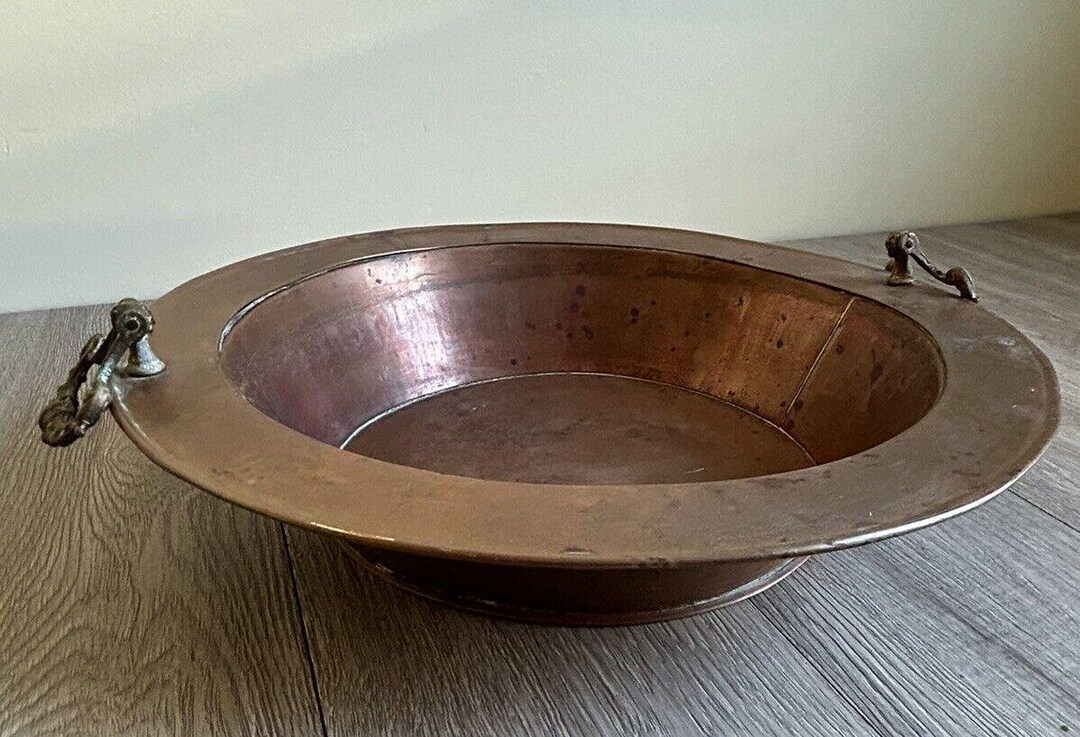 Vintage Solid Copper Bowl Platter Planter W/ornate Handles 14 READ MORE ...
